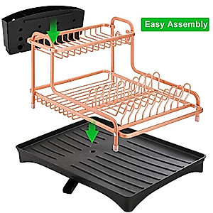 Frcctre Aluminum Dish Drying Rack, Rustproof Dish Rack and Drainboard Set with Adjustable Swivel Spout, Removable Drainer Tray and Utensil Holder for Kitchen Counter, Rose Gold