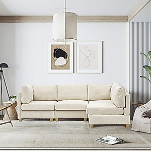 Melpomene Convertible L-Shaped Modular Sofa Couch, Modern Sectional Sofa Couch Corduroy Fabric with Solid Wood Legs for Living Room Apartment(Beige)