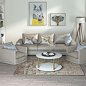 Round Coffee Table for Living Room，31.5’’ 2 Tier Modern Gold Coffee Table with Open Storage Shelf,Gold Metal Legs and White Faux Marble Table Top