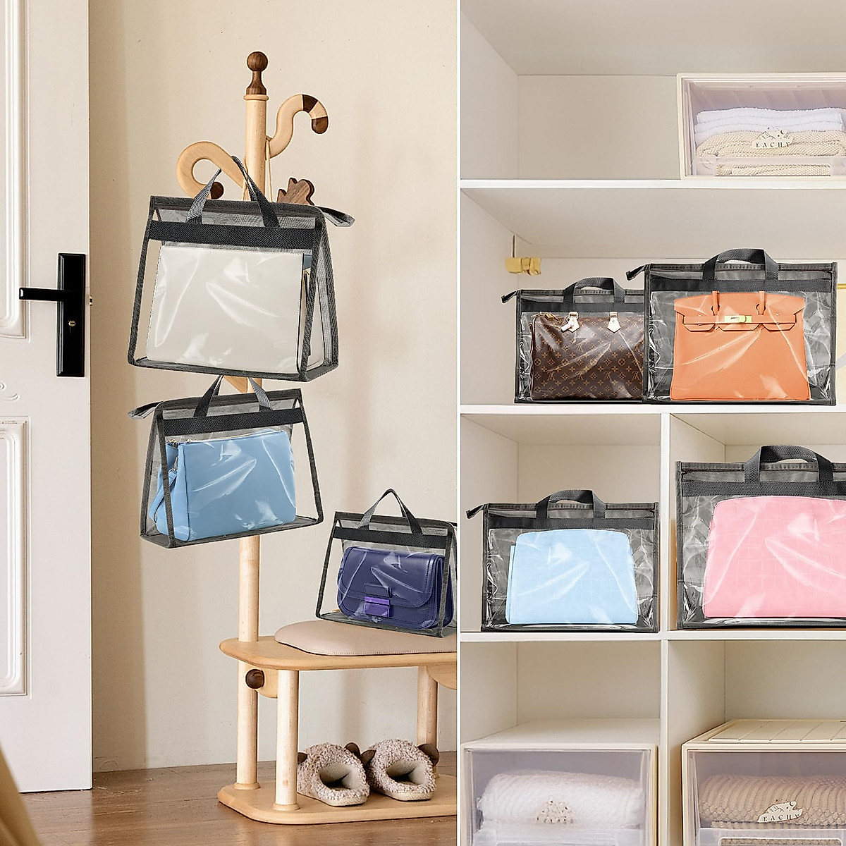 Bgtecho 9 Pieces Storage Organizer for Handbags,3 Sizes Dust Bags for Handbag Storage,Clear Handbag Storage Bag with Zipper and Handles,Dustproof & Moistureproof (Gray)