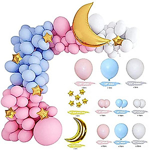 Gender Reveal Decorations Pastel Balloon Garland Arch Kits, 117PCS Blue And Pink White Gold Foil moon with twinkle twinkle little Star Gender Reveal Diy Baby Shower Balloons Party Supplies