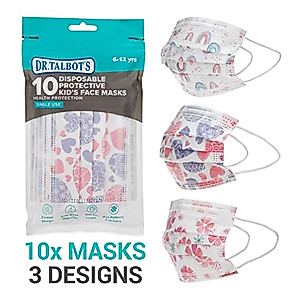 Dr. Talbot's Disposable Kid’s Face Mask for Personal Health by Nuby, 10 Pack, Girl, 6-12 years, Prints May Vary