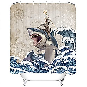 LEITINGYA Funny Cat Shower Curtain, Cool Cat Riding Shark Shower Curtain, Japanese Ocean Wave Nautical Anchor Shower Curtains for Bathroom, Waterproof Shower Curtain Set 12 Hooks Included -72x72 Inch