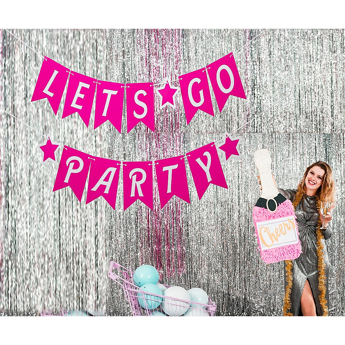 UOREND Pink Let's Go Party Banner,Pink Themed Bachelorette/Birthday/Engagement/Bridal Shower Party Decorations,Let's Go Girls Sign,Hot Pink Glitter,Makeup,Pink Doll,21st Birthday Party favors,Photo Booth Prop