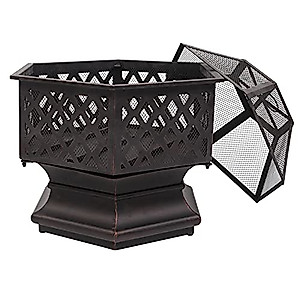 Fire Pits 22" Multifunctional Fire Pit Bowl, Hexagonal Shaped Iron Burning Outdoor Firepit Steel BBQ Grill Fire Bowl for Camping Patio Backyard Garden Picnic Bonfire
