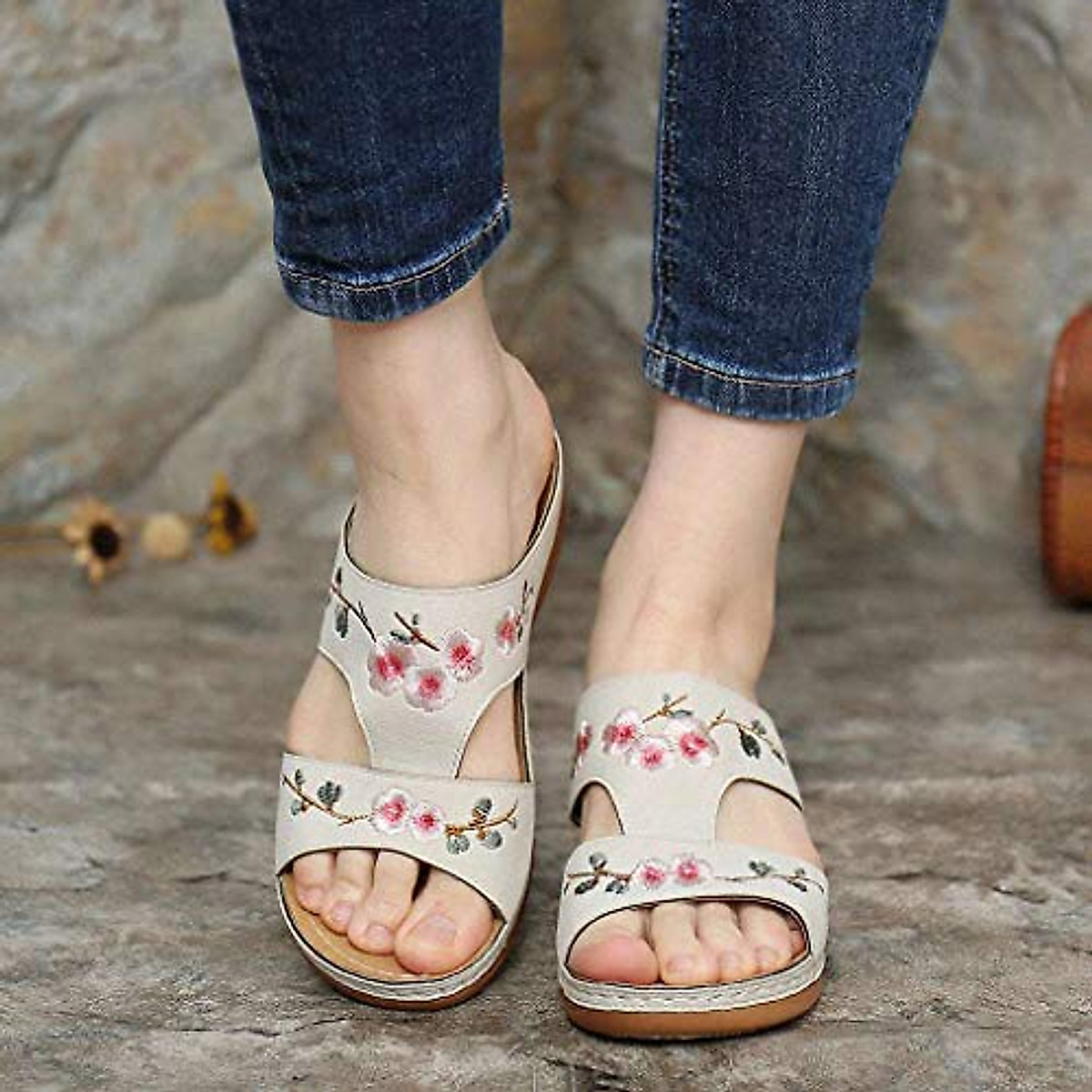 Aniywn Summer Slippers Womens Wedge Heel Embroidery Floral Sandals Women's Shoes Open Toe Arch Support Women Shoes