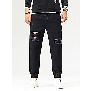 WDIRARA Men's Ripped Frayed Skinny Zipper Fly Jeans Casual Long Denim Pants with Pocket Black Solid S