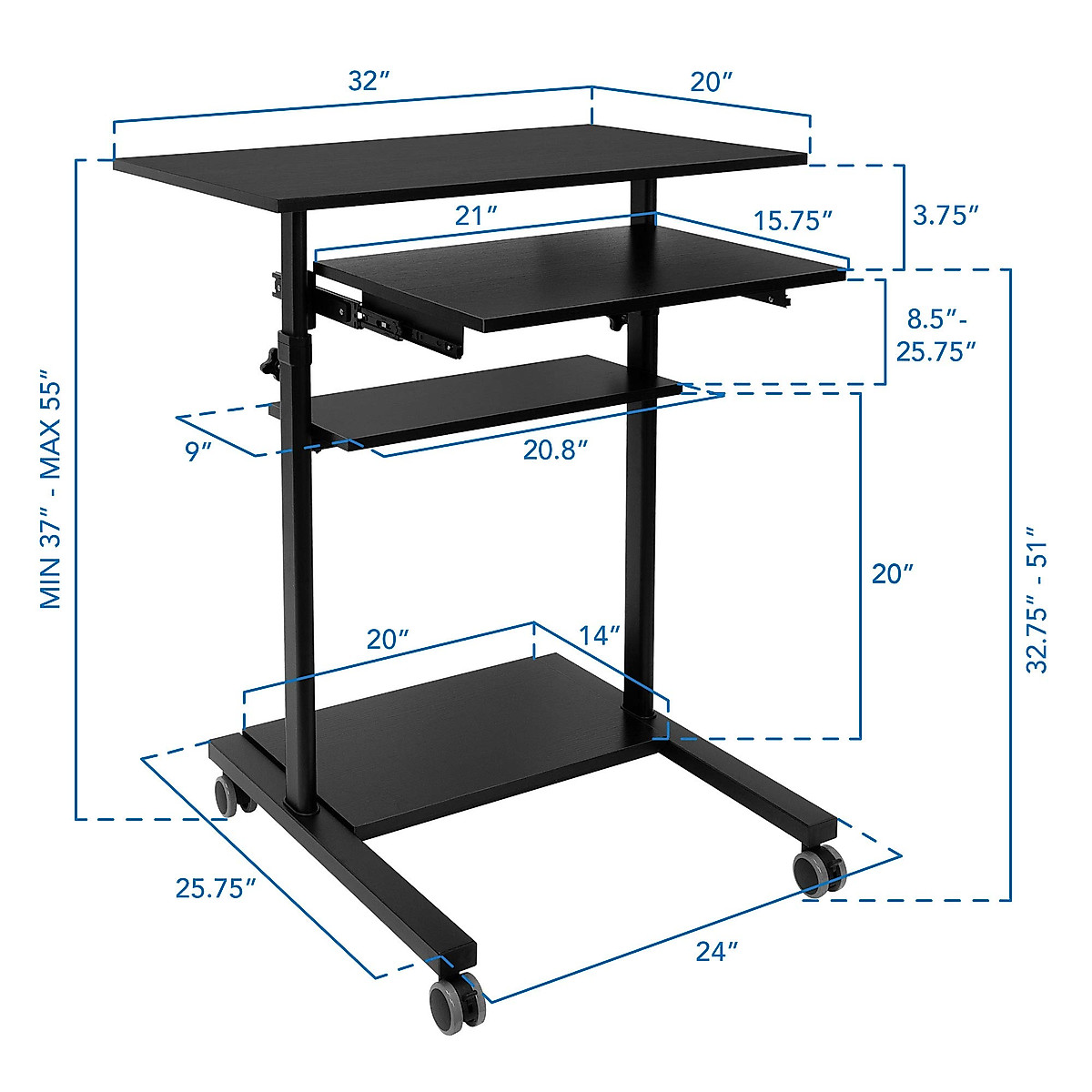 Mount-It! Mobile Standing Desk with Retractable Keyboard Platform | Height Adjustable Stand Up Computer Workstation | Locking Wheels, 99 Lbs Capacity