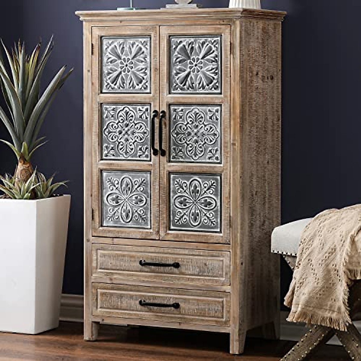 Farmhouse Wood and Metal 2-Drawer 2-Door Storage Cabinet 48.03" H X 26.77" W 15.35" D Brown Grey MDF Weathered