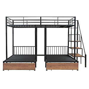 CITYLIGHT Triple Bunk Beds with Storage, Metal Full Over Twin & Twin Bunk Beds with Stairs,3 Bed Bunk Bunk for Kids, Girls, Boys,Teens, Adults,Space Saving Design,Can be Separated into 3 Beds, Black