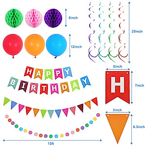RUBFAC Rainbow Birthday Decorations, Happy Birthday Banner, 6 Honeycomb Balls, 8 Metallic Hanging Swirls, Circle Paper Garland and 30 Balloons