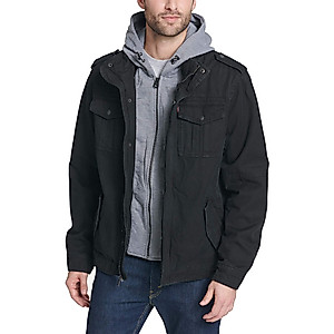 Levi's Men's Washed Cotton Military Jacket with Removable Hood (Standard and Big & Tall), Black, Medium