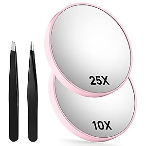 OMIRO 10X & 25X Magnifying Mirrors with Two Eyebrow Tweezers Kits, 3.5" Two Suction Cups Magnifier Set for Travel (Pink)