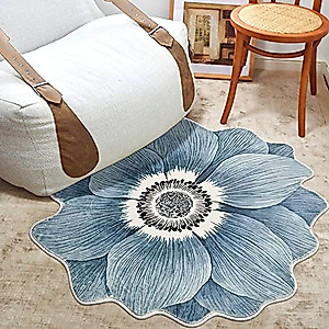 Flower Shaped Rug Round Carpet Trendy Bedroom Rug Non Slip Rug Cute Cozy Bath Mat for Indoor Bedroom Living Room Bathroom Kitchen Floor Mat, Diameter 39.4” Blue