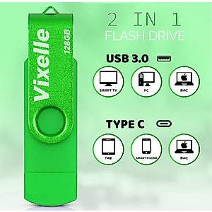 Vixelle 128GB High Speed USB 3.0 Type-C Flash Drive with Lanyard – 2in1 Dual USB C Memory Stick - 360° Swivel Pen Drive with Keychain Loop – 128GB USB Stick for Smartphone, Tablet & Computer - Green