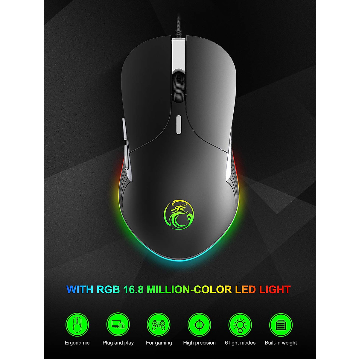 KKUYI RGB Gaming Mouse Wired, USB Computer Gaming Mice with Chroma RGB Lighting/6 DPI Levels/6 Buttons, RGB Gamer Desktop Laptop PC Gaming Mouse with 6ft Cable for Windows Xbox PS4 (Black-01)