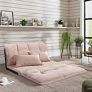 Adjustable Floor Sofa Bed with 2 Pillows , Folding Futon Couch Leisure Lazy Sofa with 5 Reclining Position, Suede Floor Sofa for Reading or Gaming in Bedroom/Living Room/Balcony,Beige