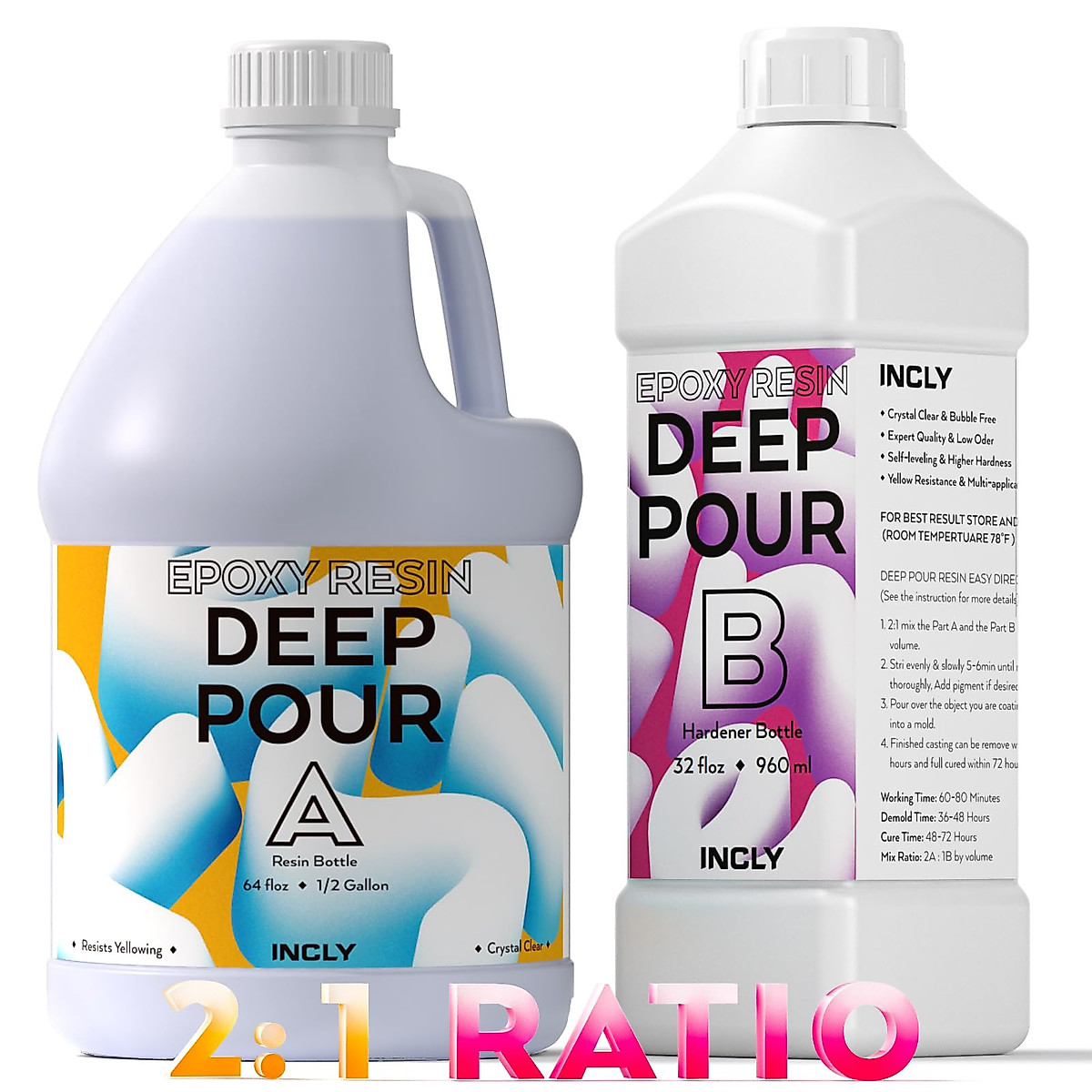 INCLY Deep Pour Epoxy Resin, 0.75 GL Epoxy Resin Kit for 2 to 4'' Pour Molds Craft, High Gloss & Bubbles Free & Crystal Clear Casting Resin Supplies for River Table, Wood Filler, Bar Top, 2 : 1 Mix