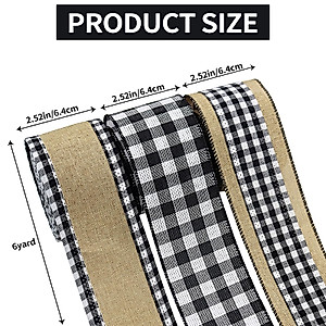 3 Rolls Buffalo Plaid Ribbons in All 18 Yards 2.5 inch Width Burlap Ribbon Christmas Checked Burlap Ribbon ，Black and White Checkered Ribbon ，for Crafts DIY Garland，Bows Crafts Decoration