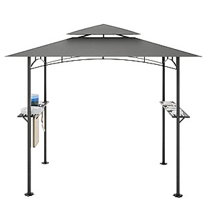 8x5 Ft Grill Gazebo, Double Tiered Outdoor BBQ Gazebo w/Hook & Bar, Bottle Opener, Barbecue Grill Gazebo Shelter for Patio, Garden, Beach, Backyard (Gray + Iron)