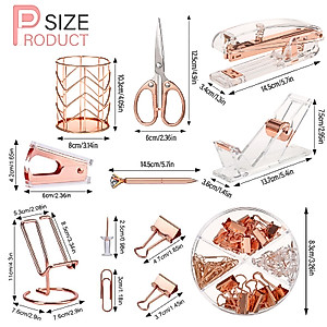 Rose Gold Office Supplies and Accessories, Acrylic Stapler, Staple Remover, Tape Dispenser, Pen Holder, Phone Holder, Scissors, Paper Clips, Binder Clips, 2 Pen and 1000 pcs Staples