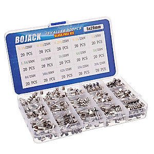 BOJACK 15 Values 300pcs Fast-Blow Glass Fuses Assortment Kit 5x20mm 250V 0.1 0.2 0.25 0.5 1 1.5 2 3 4 5 8 10 12 15 20A amp packag in a Clear Plastic Box