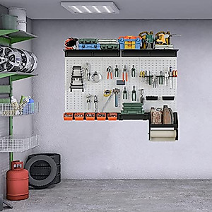 TORACK Pegboard Wall Organizer 4 ft. Garage Metal Pegboard Organizer Utility Tool Storage Kit with Toolboard Hooks Accessories, Wall Mounted Storage Bins, Paper Towel Holder, Overhead Shelf