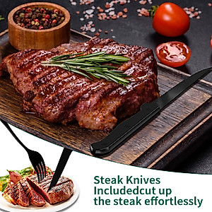 Black Silverware Set with Steak Knives, Flatware Set Organizer Drawer Tray Kitchen Utensils Tableware Service Matte Cutlery Stainless Steel Knife Fork Spoons for 5 Mirror Polished Dishware Safe