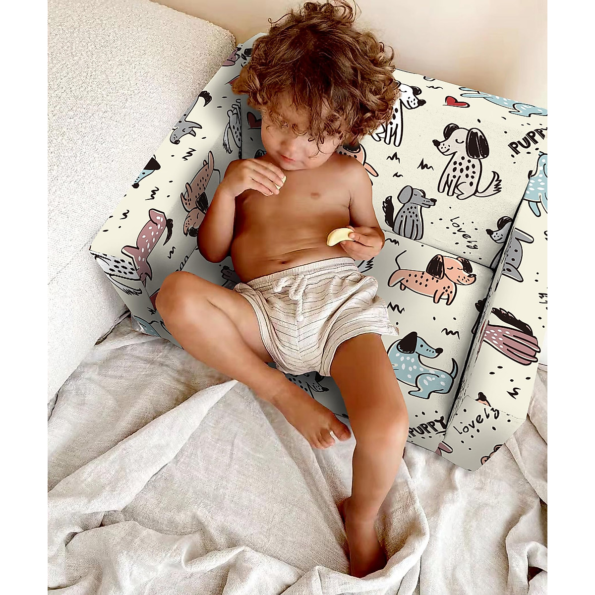 fond + found Kids Couch Sofa Bed, 2-in-1 Convertible Sofa to Lounger, Comfy Flip-Out Couch Chair Bed for Toddler Boys Girls (Beige-Dog)