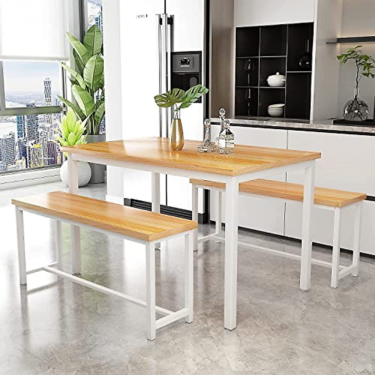 AWQM Dining Table Set for 4, Kitchen Table Set with 2 Benches, 47.2Inch 3-Piece Dining Room Table Set with Metal Frame and MDF Board, Sturdy Structure, Space-Saving, Oak