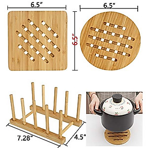 Lawei 8 Pack Bamboo Trivets with Dish Rack - Bamboo Trivet Mat Bamboo Hot Pads Trivet for Hot Dishes, Pot, Bowl, Teapot