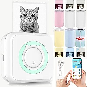 TVAIGER Mini Printer Portable, Wireless Bluetooth Thermal Sticker Printers with 6 Rolls Printing Paper, Compatible with Android iOS for Label Receipt Photo Notes and Memos (Green)
