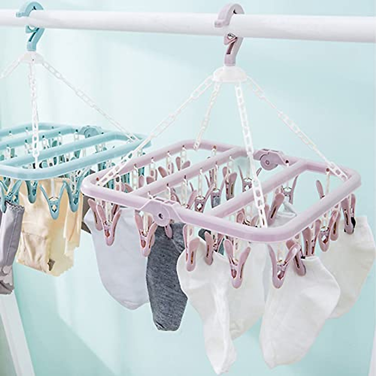 LOCKISH Foldable Laundry Hanger with 32 Clips，Sock Hanger Drying Rack,Laundry Clothespin Drying Rack for Socks Underwear Bras Scarf(Pink)