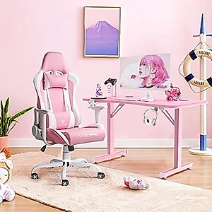 Vitesse Pink 40 Inch Cute Kawaii Computer Gaming Table T Shaped Girl Gamer Workstation Home Office Desk with Carbon Fiber Surface and Headphone Hook