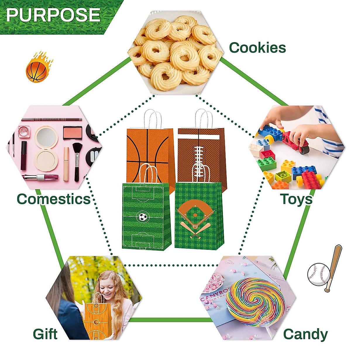 CHUNNIN 16pcs Sports Party Gift Bags Sports Birthday Party Decorations Sport Theme Party Candy Treat Bags Football Basketball Soccer Baseball Party Goodie Bags for Kids Birthday Party Favor Supplies