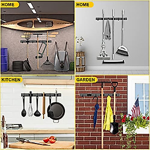 2 Pack 16'' Broom and Mop Holder Wall Mount with Movable Sliding 3 Racks 3 Hooks, Storage Organizer Wall Hanger, Cleaning Tool Hanging Grippers for Kitchen Bathroom Garden Garage Laundry Home Closet