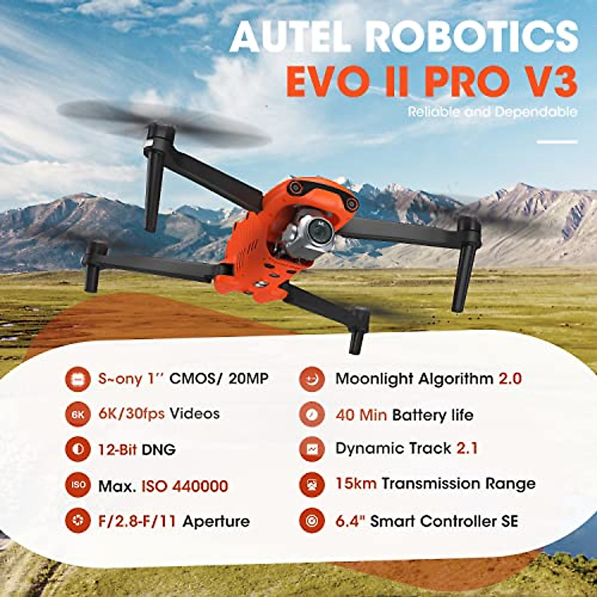Autel Robotics EVO 2 Pro V3 Drone: 2023 Newest EVO II Pro V3 Rugged Bundle, Son-y 1" CMOS Sensor & 6K HDR Video, Moonlight Algorithm 2.0, Max. ISO 44000,12-Bit DNG, F2.8 - F11 Aperture, (Worth $759) 6.4" Smart Controller SE, 15KM Image Transmission, SkyLi