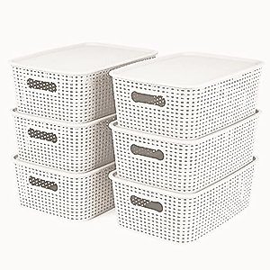 MBKO Plastic Storage Basket Bins - Stackable Pantry Organizer Container (Medium_White_6PK)
