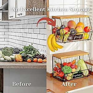 PERFNIQUE Fruit Basket, Wall Mounted Kitchen Baskets for Storage, 2PCS Stackable Fruit Holder with Wooden Lid, Vegetable Baskets for Kitchen, Hanging Metal Wire Baskets (Black, M & M)
