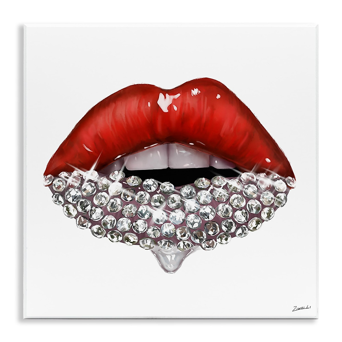 Stupell Industries Red Glam Lips with Glistening Cosmetic Stones Wall Art, 12x12, White