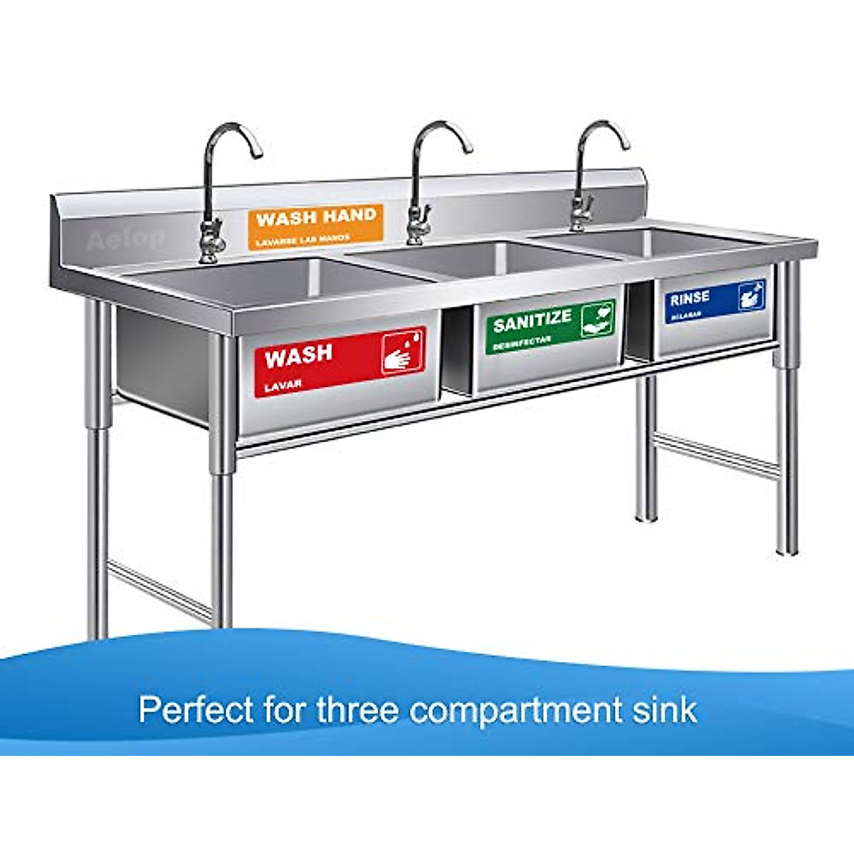 Wash, Rinse, Sanitize Handwash Sink Labels, Heavy Duty 3 Compartment Sink Waterproof Sticker Signs for Wash Station, Commercial Kitchens, Restaurant, Food Trucks, Busing Stations and Dishwashing