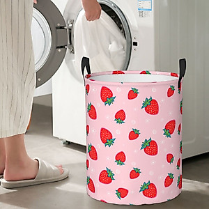 KiuLoam Pastels Pink With Red Strawberries 19.6 Inches Large Storage Basket Collapsible Organizer Bin Laundry Hamper for Nursery Clothes Toys