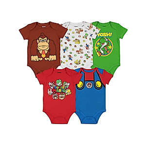 Super Mario Nintendo Mario Yoshi Donkey Kong Browser Lugi Toad Newborn Baby Boys 5 Pack Short Sleeve Bodysuits MulticoloRed 6-9 Months