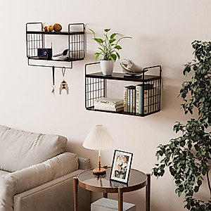 ENPKLUTE Bathroom Shelves Over Toilet Set of 2, Floating Bathroom Shelves Wall Mounted, Bathroom Shelf with Towel Bar & Toilet Paper Basket, Rustic Wall Shelves for Bathroom, Bedroom, Kitchen, Black