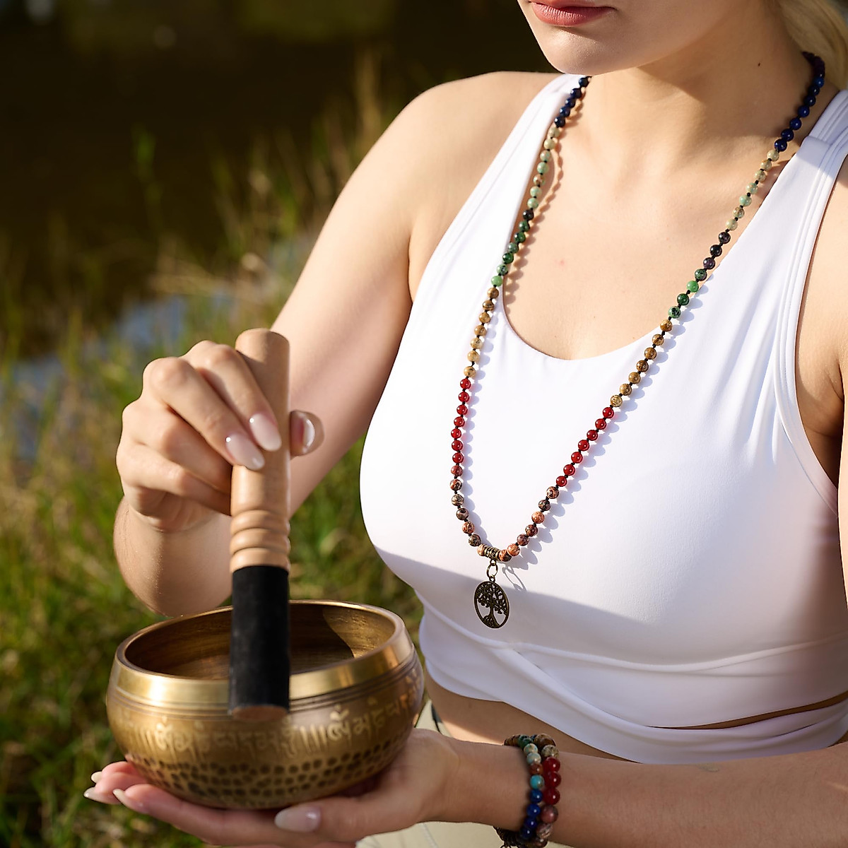 Bivei 7 Chakra 108 Mala Beads Bracelet Real Healing Gemstone Yoga Meditation Hand Knotted Mala Prayer Bead Necklace(Lotus OM-6mm beads)