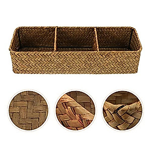 DOITOOL Sea Grass Basket Handwoven Water Hyacinth Storage Baskets 3- Section Wicker Cube Baskets Rectangular Sundries Organizer Caddy for Home Office