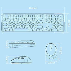 MoMoOne Wireless Computer Keyboards Mouse Combos Set, Colored Retro Round Keycaps, Colorful QWERTY Typewriter Full Size Keyboards, 2.4GHz USB Receiver Connection(Blue-Colorful)