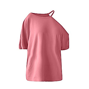 Women's Summer Fashion O-Neck Strapless Solid Short Sleeve Shirts Tops Loose T Shirt(Pink, M)