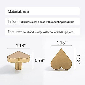 WAYUTO Set of 3 Wall Mounted Brass Coat Hooks with Mounting Hardware Heart Shaped Coat Hooks Single Coat Rack Hooks Clothing Wall Hooks for Home Office Hotel Wall Decoration