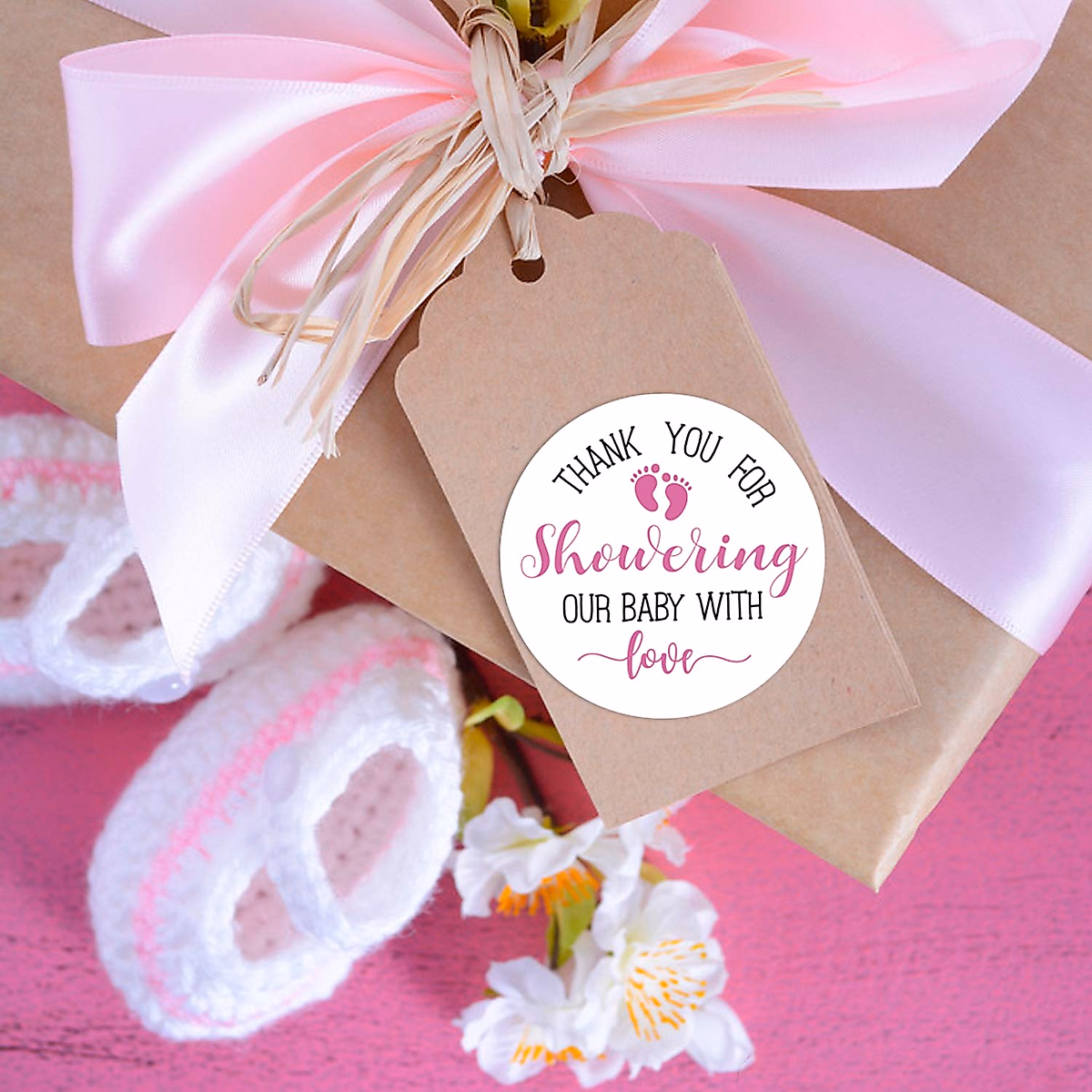 K-Musculo Pink Little Feet Baby Shower Stickers, Thank You for Showering Our Baby with Love Stickers, Baby Shower Favors for Girls, Baby Shower Favor Labels, 2 Inch, Pack of 50.